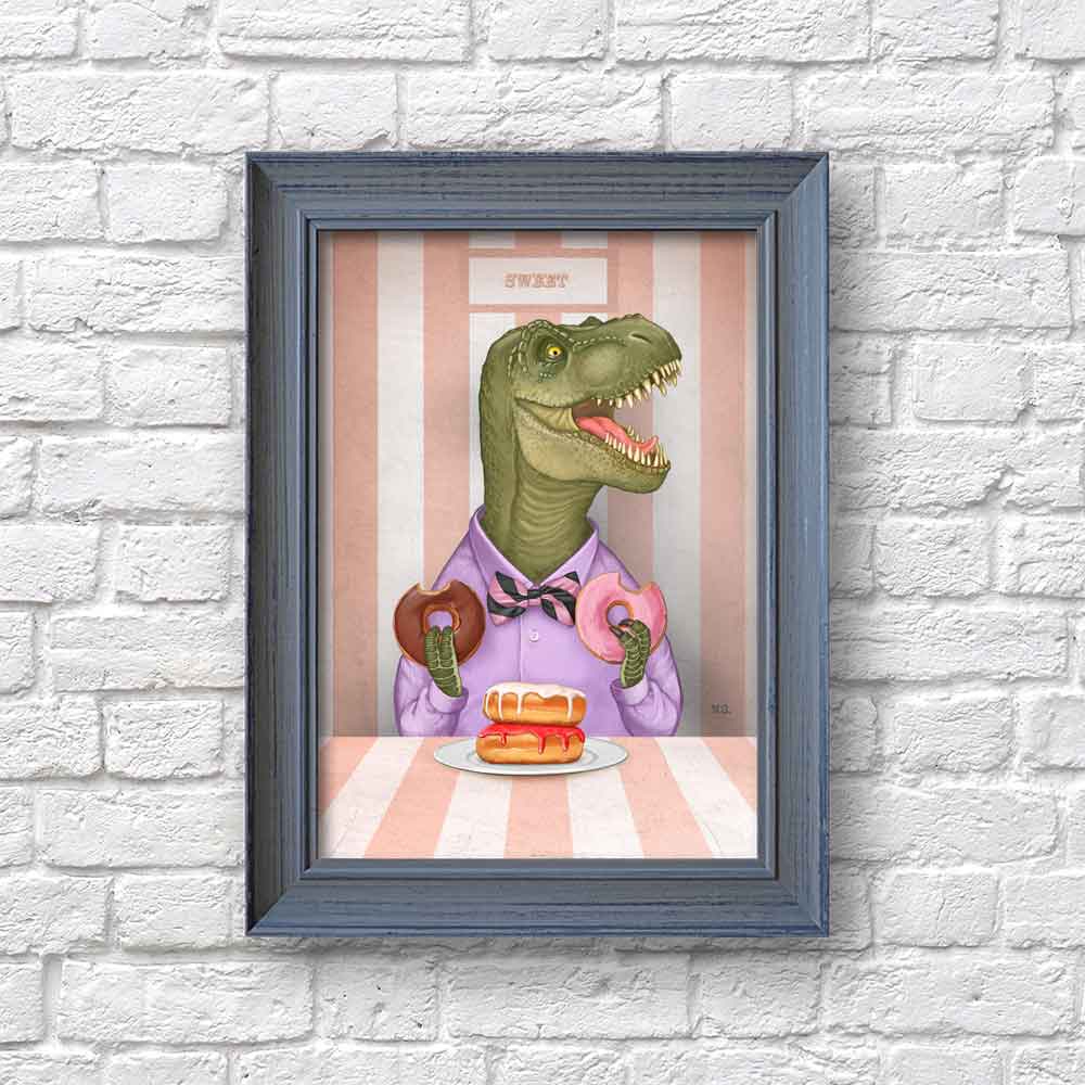 Tyrannosaurus rex with donuts art print – S&G Studio