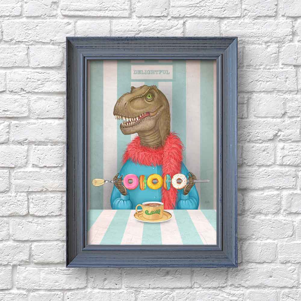 Tyrannosaurus Rex with mini donuts art print. – S&G Studio