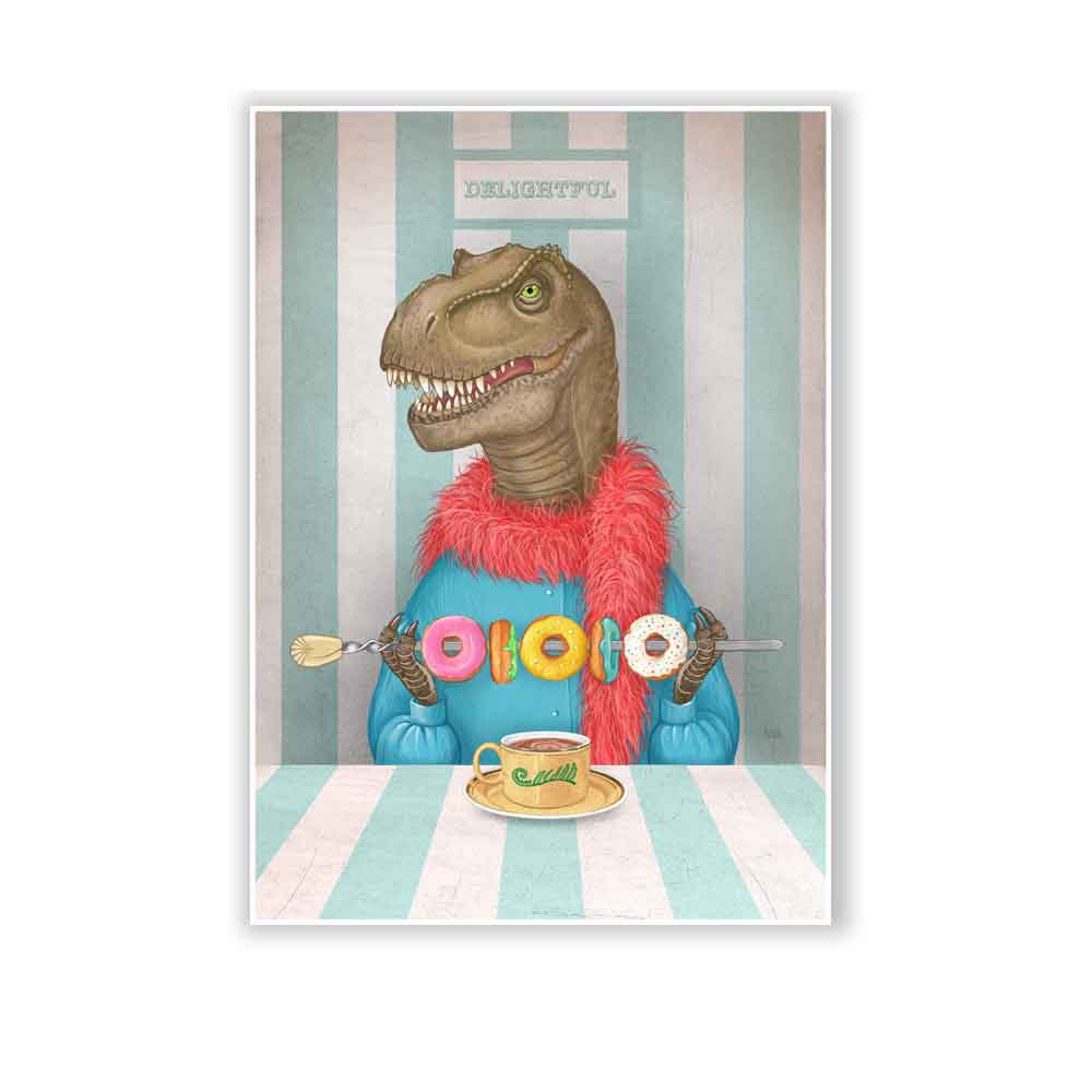 Tyrannosaurus Rex with mini donuts art print. – S&G Studio